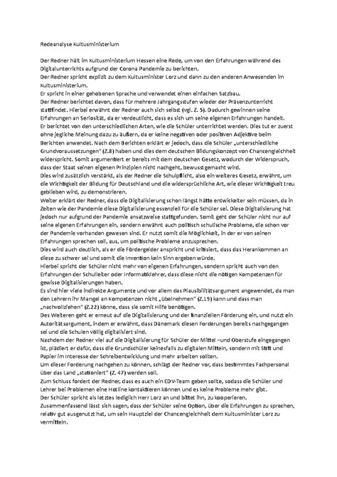 Redeanalyse Kultusministerium Der Redner Spricht Explizit Zu Dem Kultusminister Lorz Und Dann