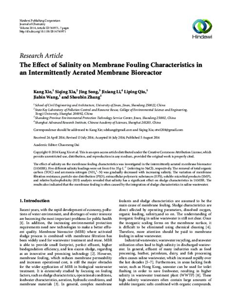 Pdf The Effect Of Salinity On Membrane Fouling Characteristics In An