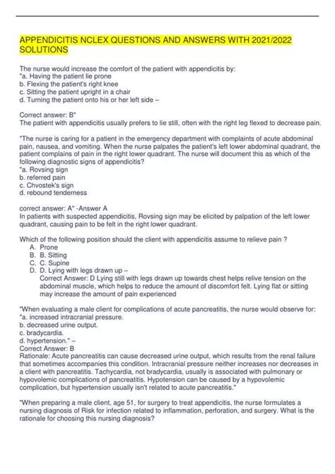 Appendicitis Nclex Questions And Answers With 2021 2022 Solutions Appendicitis Nclex Stuvia Us