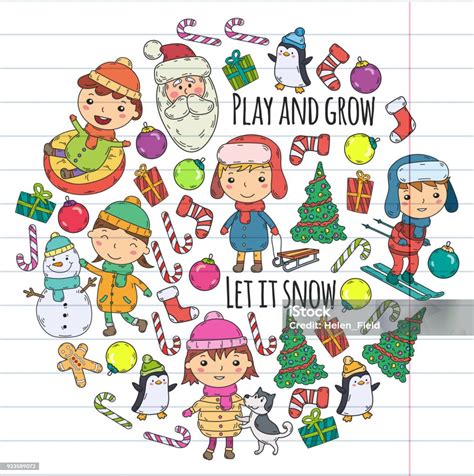 어린이 동계 올림픽스키 썰매 아이스 스케이팅 크리스마스 축 하 유치원 아이 놀이 재미 산타 클로스 눈사람 사슴 펭귄입니다 벡터 드로잉 아이 그림 낙서 겨울에 대한 스톡 벡터