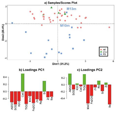 samples scores plot a and variables pc correlation plot b for
