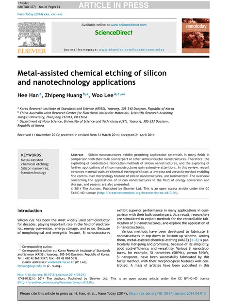 Pdf Metal Assisted Chemical Etching Of Silicon And Nanotechnology