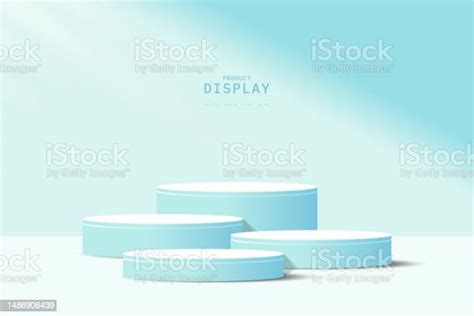 사실적인 파란색과 흰색 실린더 받침대 연단이 있는 추상적인 파란색 3d 방입니다 제품 디스플레이 프레젠테이션을 위한 최소한의 장면 기하학적 형태 디자인 쇼 제품 또는