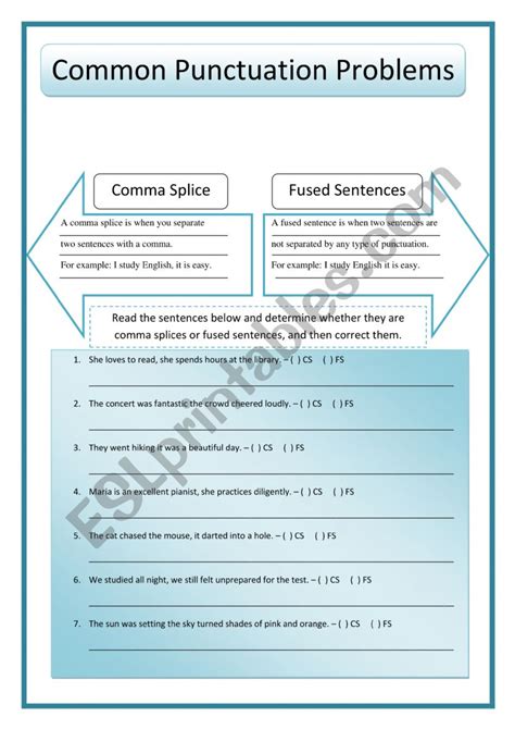 Comma Splice And Fused Sentence Esl Worksheet By Paulg