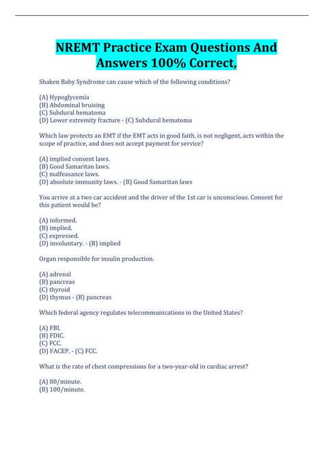 Nremt Practice Exam Questions And Answers 100 Correct Nremt Stuvia Us