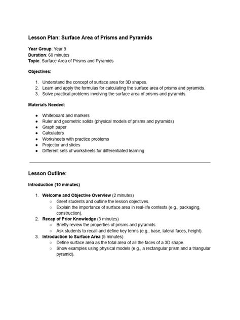 To Print Lesson Plan Surface Area Of Prisms And Pyramids Pdf Area Surface Area