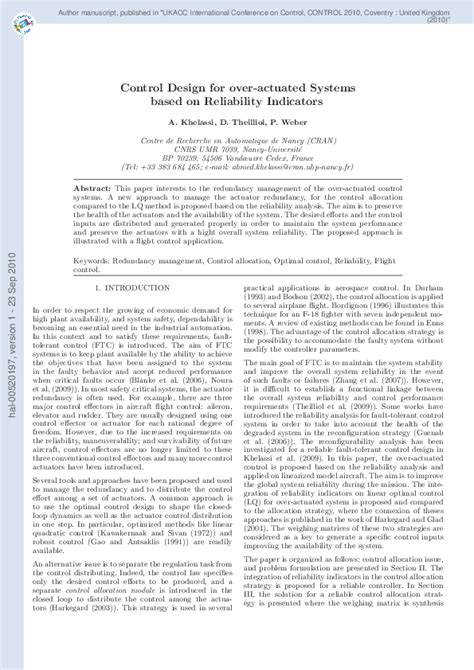 Pdf Reconfigurable Control Design For Over Actuated Systems Based On