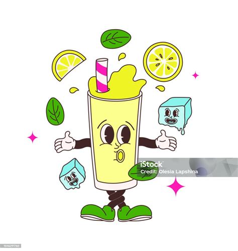 투명한 배경에 만화 만화 스타일의 모히토 유리 캐릭터 복고풍 스타일의 음료의 재미있는 마스코트를 손으로 그립니다 격리된 벡터 그림 0명에 대한 스톡 벡터 아트 및 기타