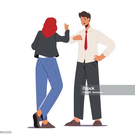 남성과 여성 캐릭터가 서로 에게 인사를 건네고 팔꿈치를 맞고 있습니다 대체 비접촉 인사말 사회적 불변 모임에 대한 스톡 벡터 아트 및 기타 이미지 Istock