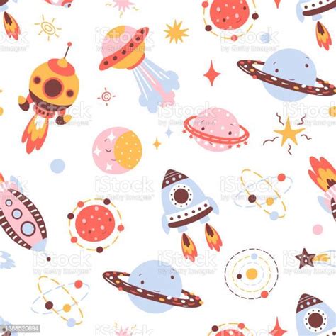 키즈 스페이스 원활한 패턴 스칸디나비아 우주 아이 배경 선박과 행성 만화 별 혜성과 코스모스 요소 Nowaday 벡터 패브릭 프린트 0명에 대한 스톡 벡터 아트 및 기타