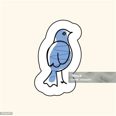베이지색 배경에 스티커 파란 새 그루브 스타일 어린이 제품에 인쇄하기위한 스케치 강렬하고 밝은 색상에 대한 스톡 벡터 아트 및
