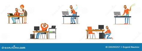 Young Man Sysadmin Character Working On Computer Doing Technical Work With Server Vector Set