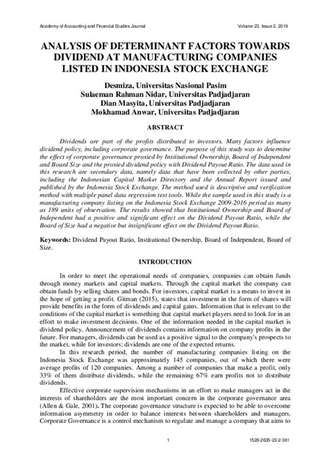 Pdf Analysis Of Determinant Factors Towards Dividend At Manufacturing