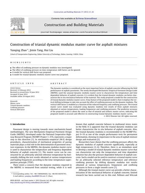 Pdf Construction Of Triaxial Dynamic Modulus Master Curve For Asphalt