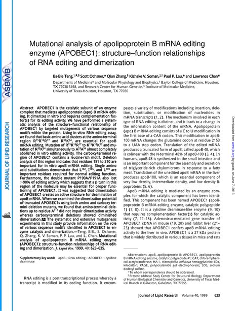 PDF Mutational Analysis Of Apolipoprotein B MRNA Editing Enzyme APOBEC Structure Function