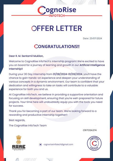 Sentamil Mukilan R M On Linkedin Ai Internship Cognoriseinfotech Grateful Excited