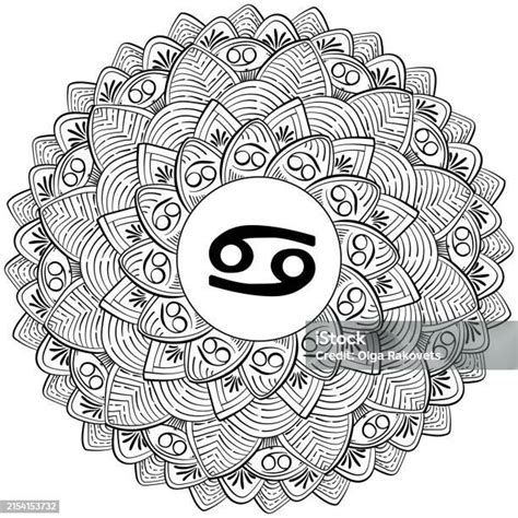 조디악 만다라 게자리 점성술 기호와 명상 물결 모양의 소용돌이가 있는 판타지 색칠 공부 페이지 게자리에 대한 스톡 벡터 아트 및 기타 이미지 Istock
