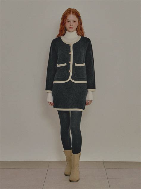 트위 앙골트 배색 가디건and스커트 니트 세트