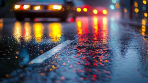 Blurry Reflections Of Taillights On A Wet Road Stock Illustration