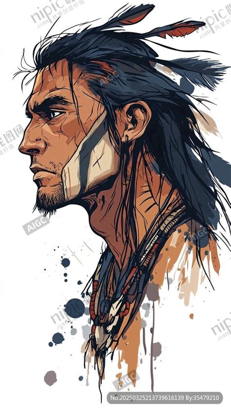 Ai创作图印第安人 勇士 肖像 羽毛 面部彩绘 长发 项链 泼墨 艺术 插画 人物 传统 装饰 胡须 文化 昵图网