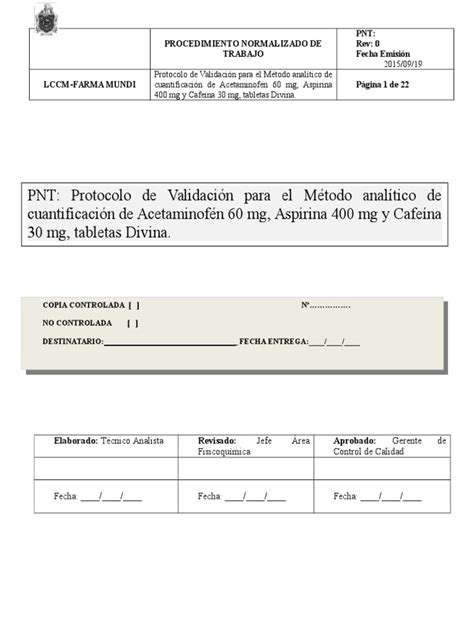 Protocolo De Validacion Tabletas Divina Pdf Valoración Química