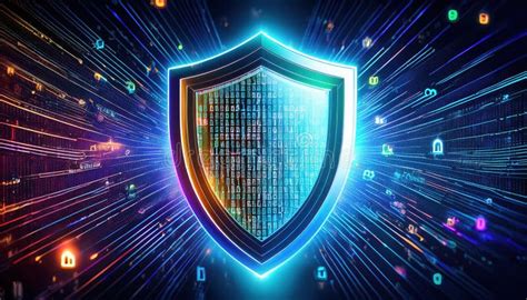 digital shield illustration glowing with vibrant colors surrounded by