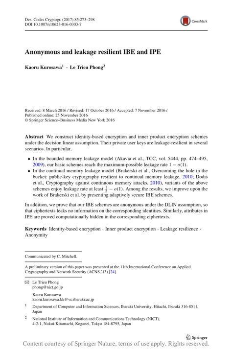 Anonymous And Leakage Resilient IBE And IPE Request PDF