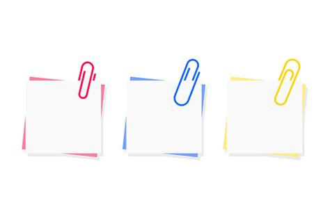 종이 클립 다채로운 스티커 메모와 핀의 집합입니다 빈 메모지가 있는 컬러 클립 흰색 배경에 격리 메모용 템플릿입니다 벡터 일러스트 레이 션 접착식 메모지에 대한 스톡 벡터