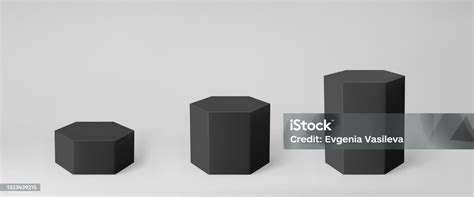 회색 배경에 고립 된 관점으로 설정 된 블랙 3d 육각 연단 육각형 모양 기둥 빈 박물관 무대 또는 받침대에서 제품 연단 모형 3d 기본 기하학적 모양 벡터 일러스트레이션