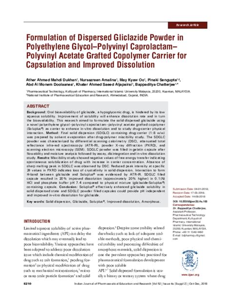 Pdf Formulation Of Dispersed Gliclazide Powder In Polyethylene Glycol Polyvinyl Caprolactam