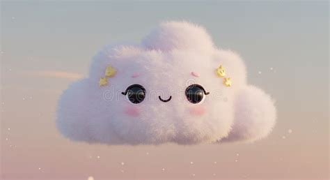Cute Fluffy Cloud With Kawaii Face And Stars Against Soft Sky Stock