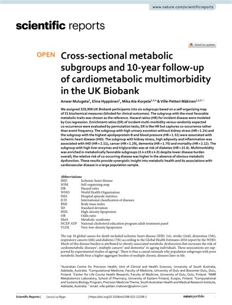 Pdf Cross Sectional Metabolic Subgroups And 10 Year Follow Up Of