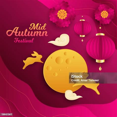 해피 미드 가을 중국 축제 인사말 카드 포스터 디자인 달 클라우드 램프 토끼 벡터 템플릿 Mid Autumn Festival에 대한 스톡 벡터 아트 및 기타 이미지