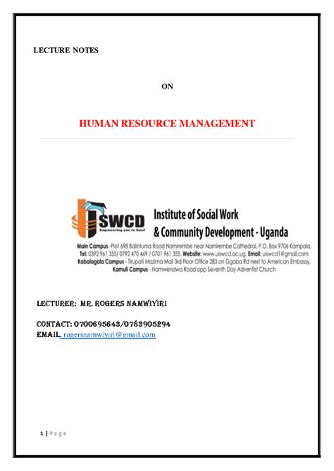 Human Resource Management Lectures Notes Lecture Notes On Human Resource Management Lecturer