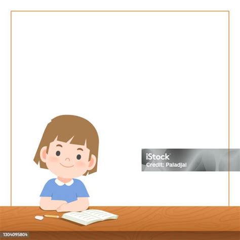 빈 배너 텍스트 상자 프레아메와 책상에서 소녀 연구 일러스트 벡터 교육 개념 아이에 대한 스톡 벡터 아트 및 기타 이미지