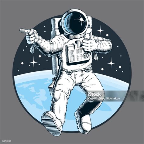 우주에서 우주 비행사가 가리키고 엄지손가락을 치켜드는 제스처를 보여줍니다 긍정적 사고 개념 벡터 그림입니다 우주 비행사에 대한 스톡 벡터 아트 및 기타 이미지 Istock