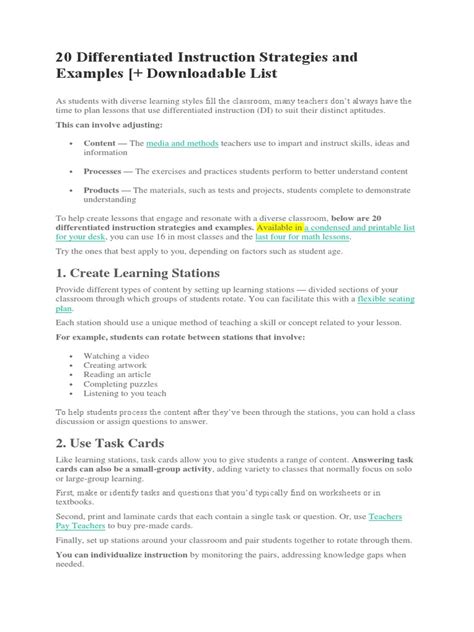 20 Differentiated Instruction Strategies And Examples Pdf