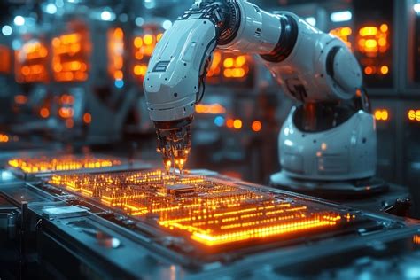 A Robotic Arm Places A Microchip Onto A Circuit Board In A Futuristic Factory Premium Ai