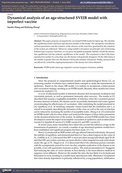 Pdf Dynamical Analysis Of An Age Structured Sveir Model With
