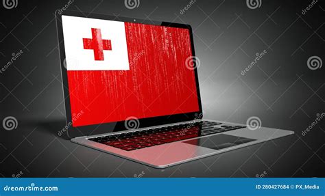 tonga country flag and binary code on laptop screen stock