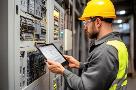 modern industrial electrician using tablet for system diagnostics