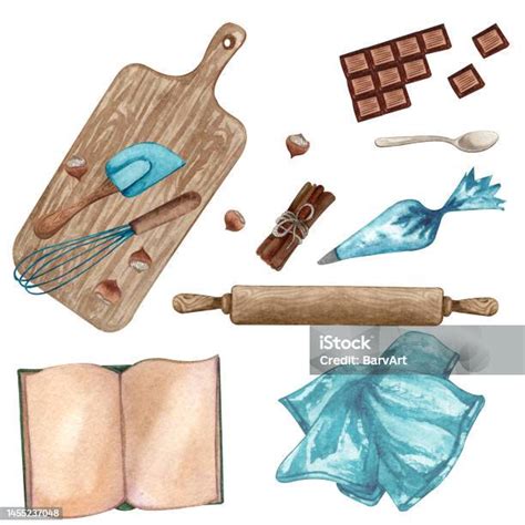 주방 용품 도마 버터 롤링 핀 밀가루 계란 파란색 앞치마 영수증 책 흰색 배경에 휘젓는 베이킹 수채화 세트 요리 클립 아트 베이킹 그림입니다 개체 그룹에 대한 스톡 벡터