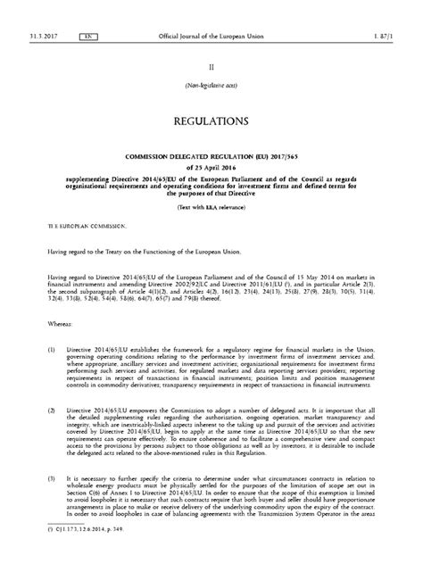Mifid Ii Implementing Regulation Eu 2017 565 Pdf Investment
