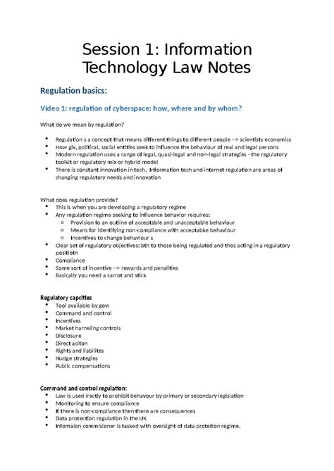 Session 1 Information Technology Notes Session 1 Information Technology Law Notes Regulation