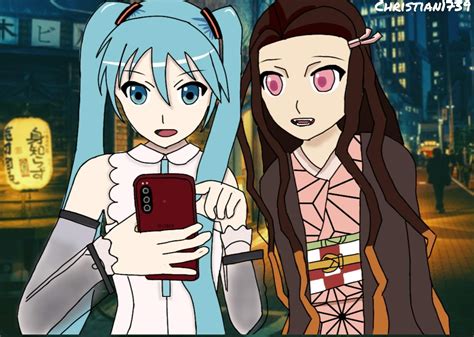 My Drawing With Nezuko And Hatsune Miku With Proof That I Made It Demon Slayer Kimetsu No