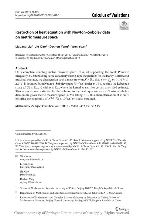Restriction Of Heat Equation With Newton Sobolev Data On Metric Measure Space Request Pdf