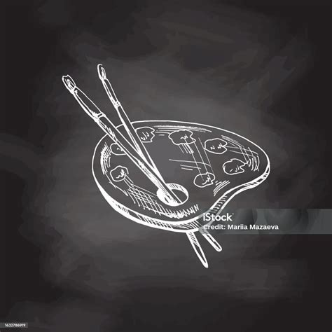 벡터 손으로 그린 학교와 미술 용품 삽화 페인트와 붓이 있는 상세한 복고풍 스타일 팔레트는 칠판 배경에 스케치합니다 학교로 돌아 가기 개념에 대한 스톡 벡터 아트 및 기타