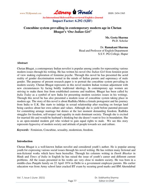 Pdf Concubine System Prevailing In Contemporary Modern Age In Chetan Bhagats One Indian Girl