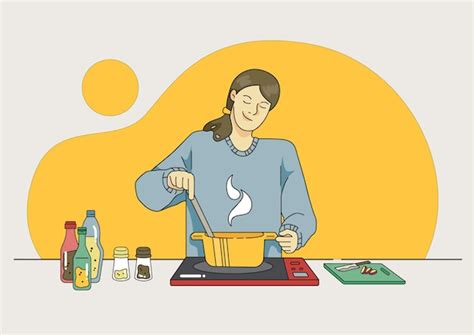 벡터 일러스트 레이 션을 요리 하는 여자 프리미엄 벡터