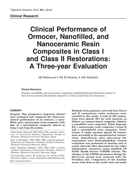 Pdf Clinical Performance Of Ormocer Nanofilled And Nanoceramic Resin Composites In Class I
